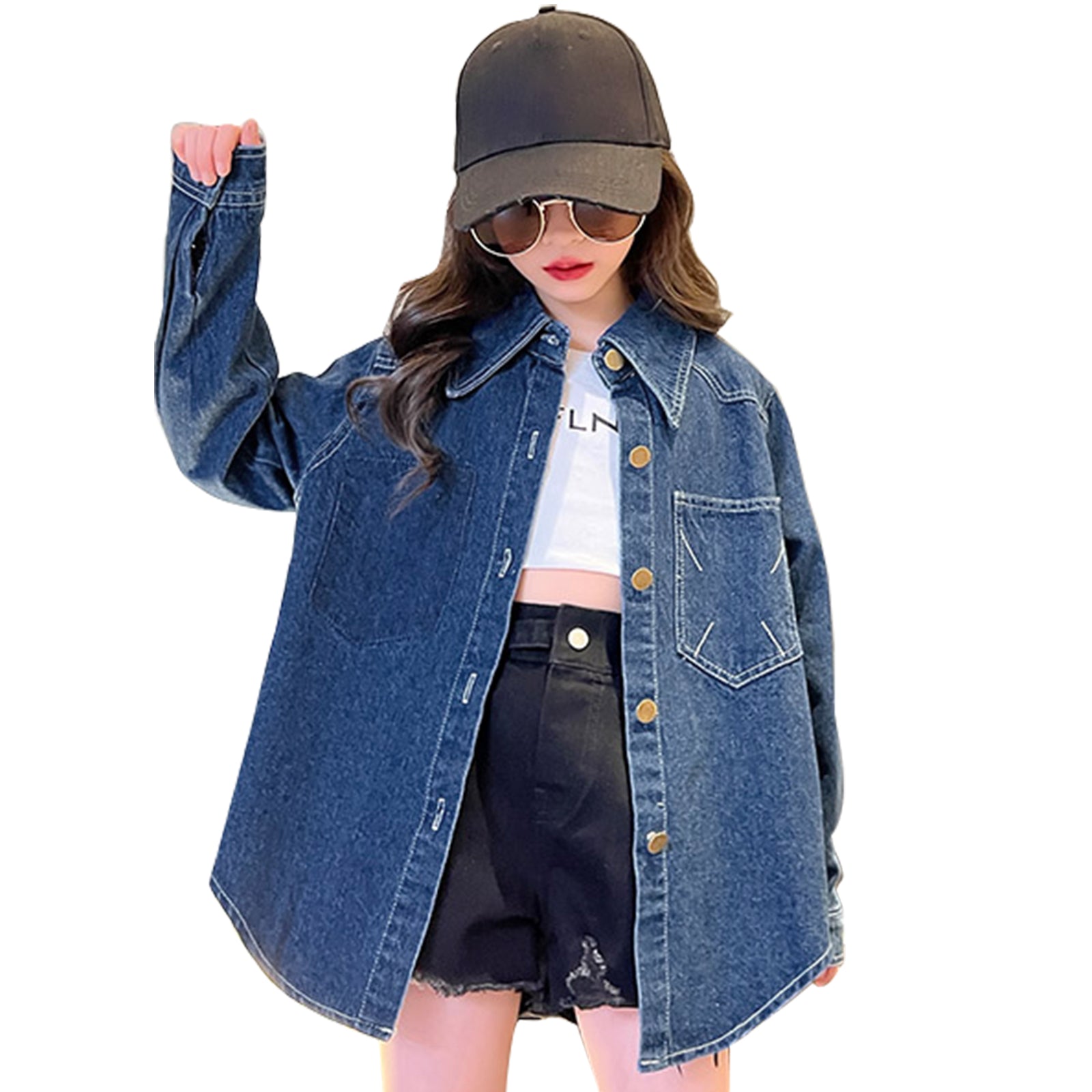 Girls Oversized Fall Denim Shirt with Pockets – Rolanko Official Site